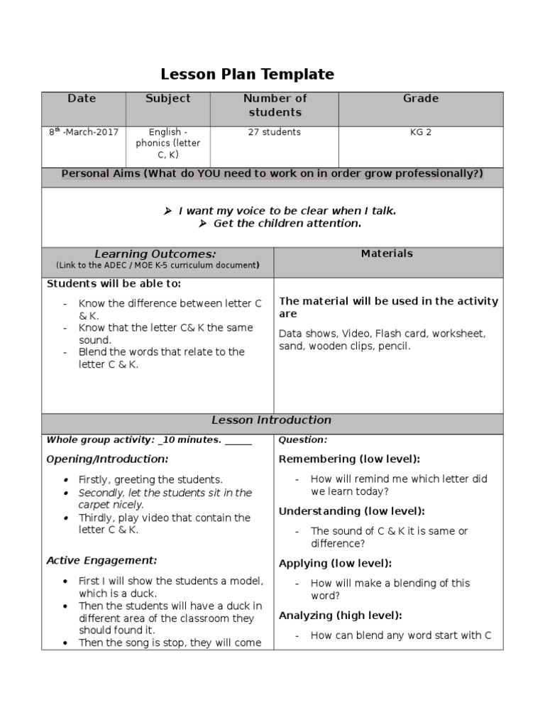 lesson plan letter c-k | Lesson Plan | Education Theory