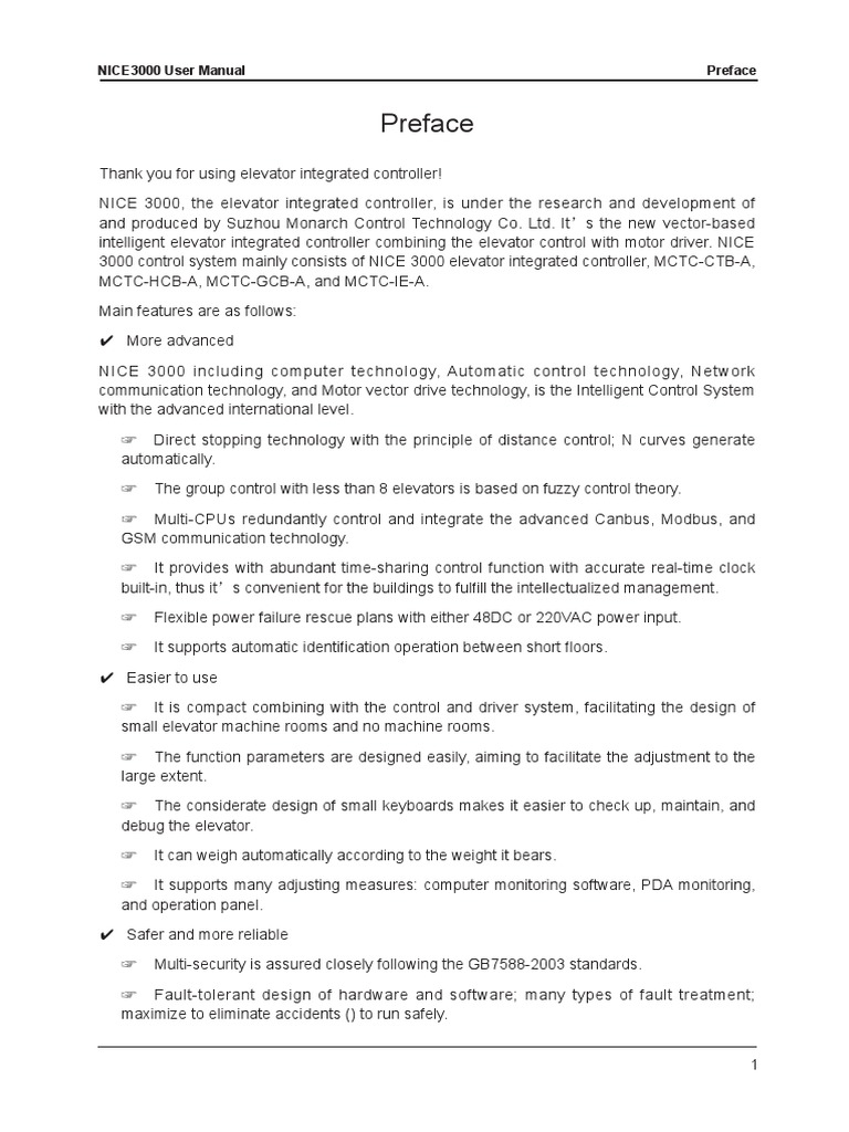 NICE 3000 User Manual Overview | PDF | Elevator | Switch