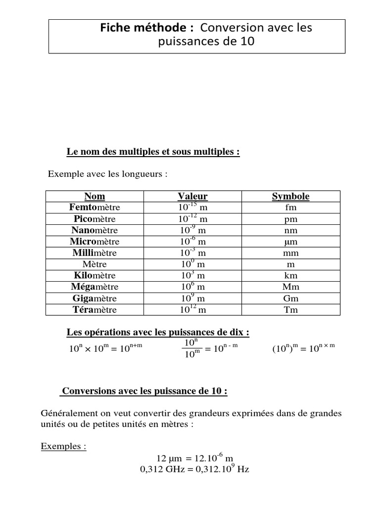 Fiche Méthode Conversion Puissance de 10 | PDF