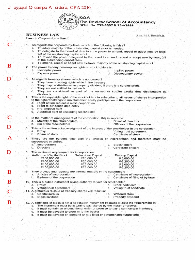 (Resa2016) Rfbt-14 (Quiz On Corporation - Part I) | PDF