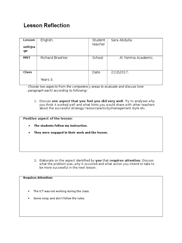 Lesson Reflection-English2 | PDF
