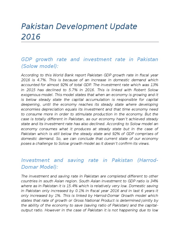 Pakistan Development Update 2016: GDP Growth Rate and Investment Rate ...