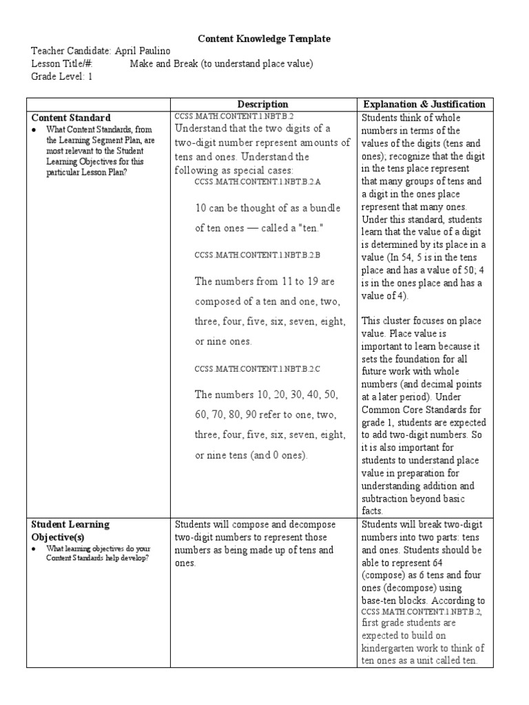 First Grade Place Value Lesson Plan | PDF | Lesson Plan | Cognition