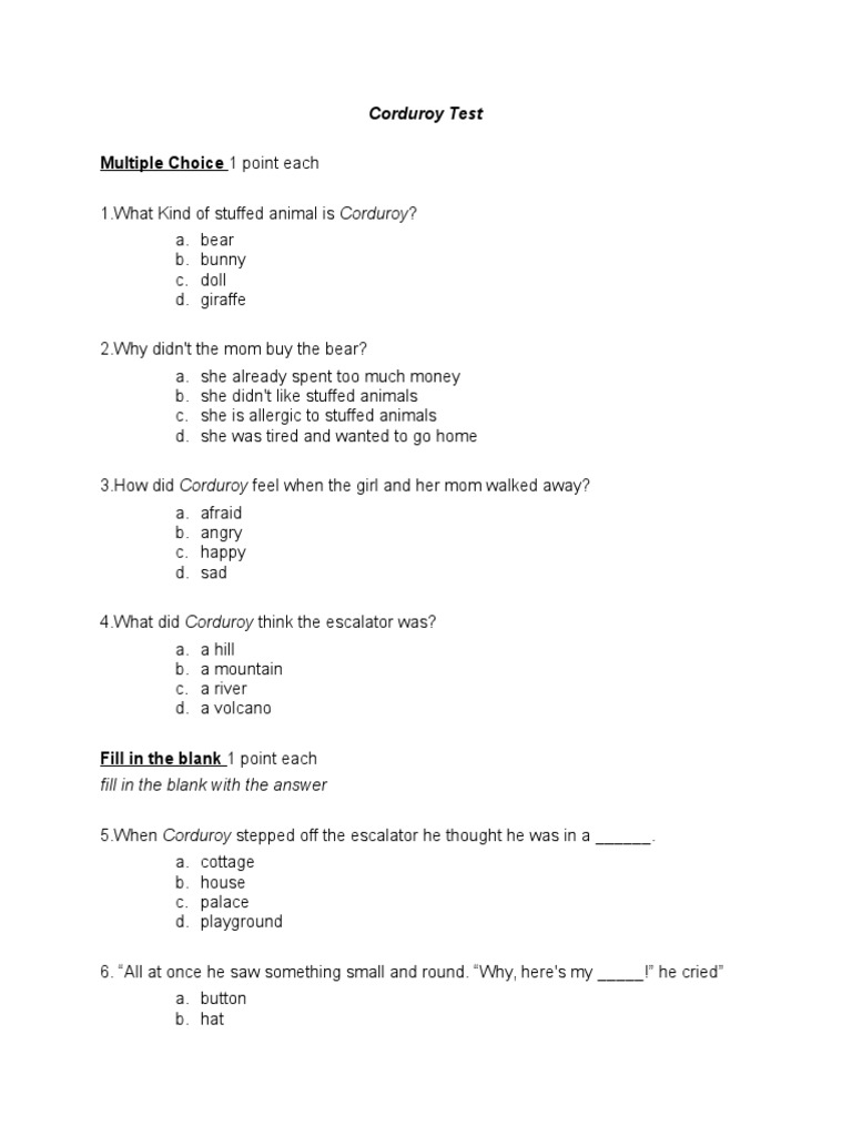 Multiple Choice 1 Point Each: Corduroy Test | PDF