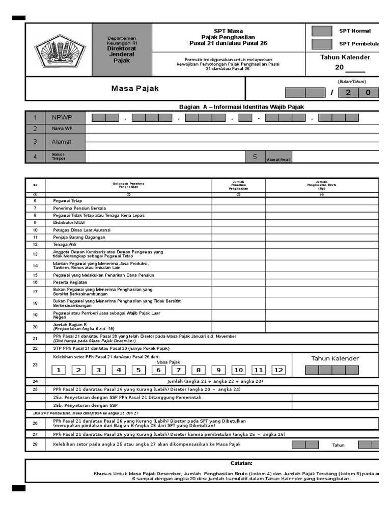 Form SPT Masa PPH 21 - 26 Bukti Potong | PDF