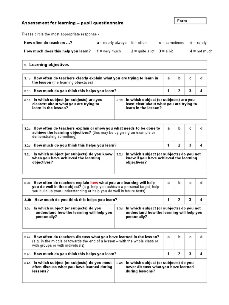 AfL Pupil Questionnaire 1005 v2 | Educational Assessment | Education Theory