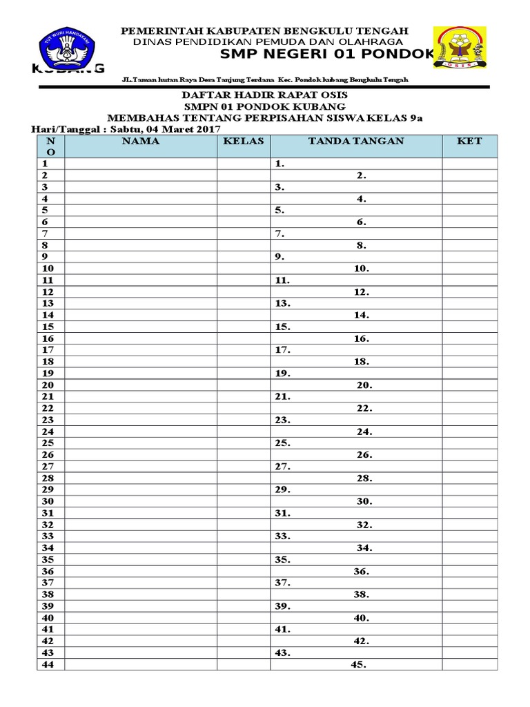 Daftar Hadir Rapat Osis | PDF