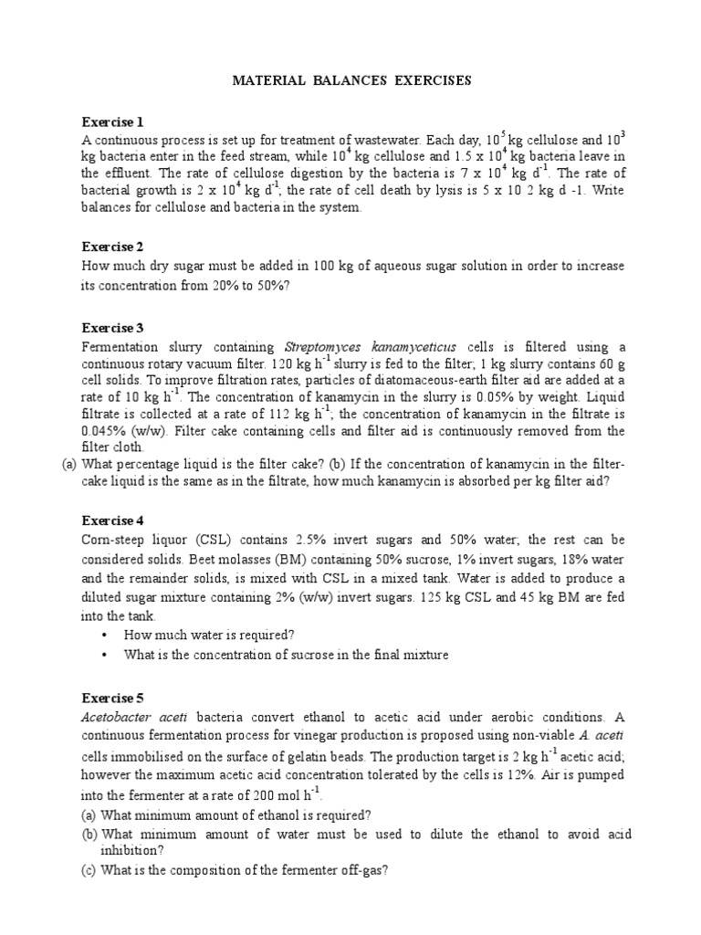 Material Balances Exercises | PDF | Acetic Acid | Filtration