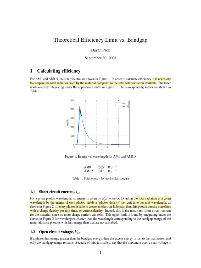 Theoretical Efficiency Limits by Bandgap | PDF | Band Gap ...