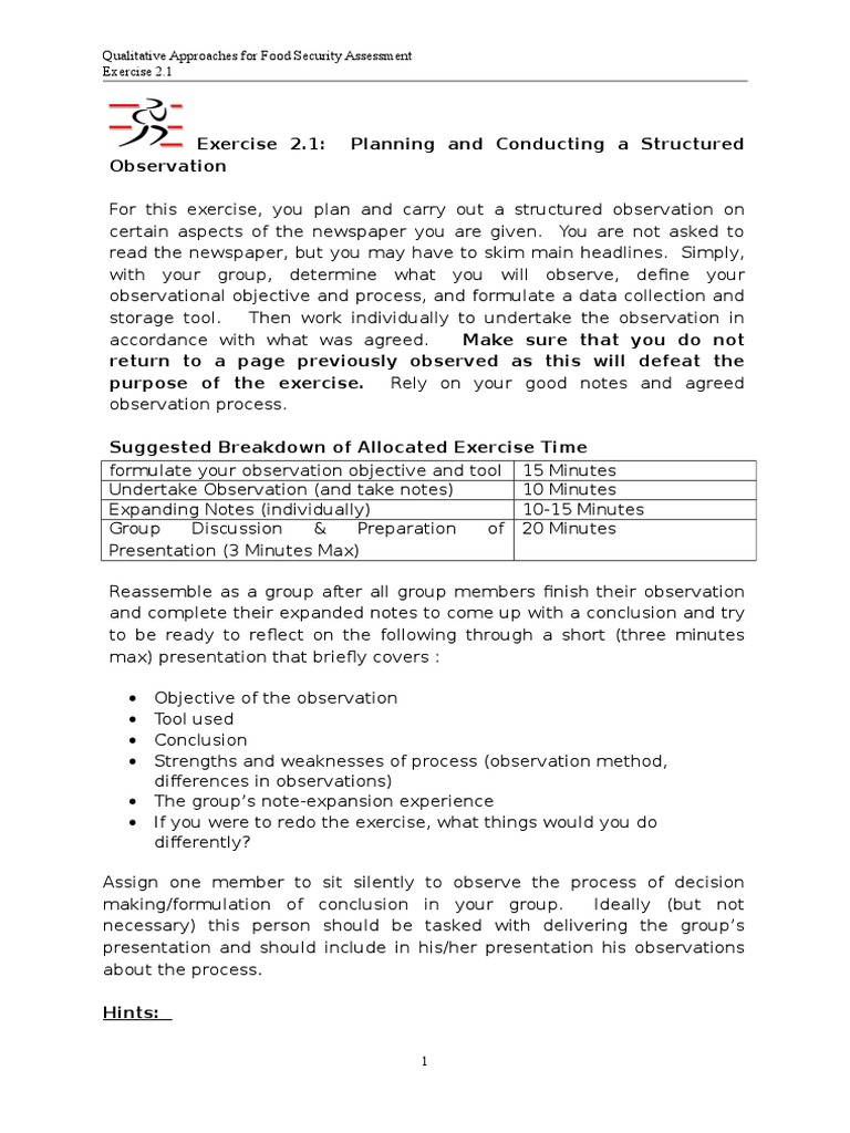 Exercise in Planning & Conducting Structured Observation | PDF ...