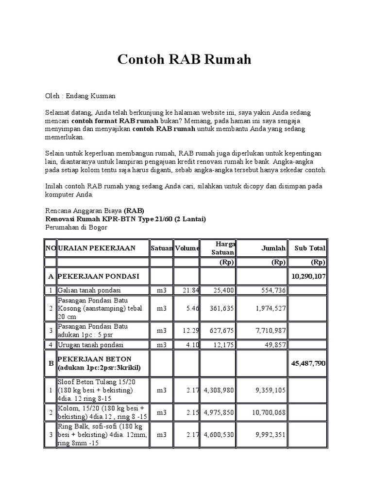 Contoh RAB Rumah | PDF