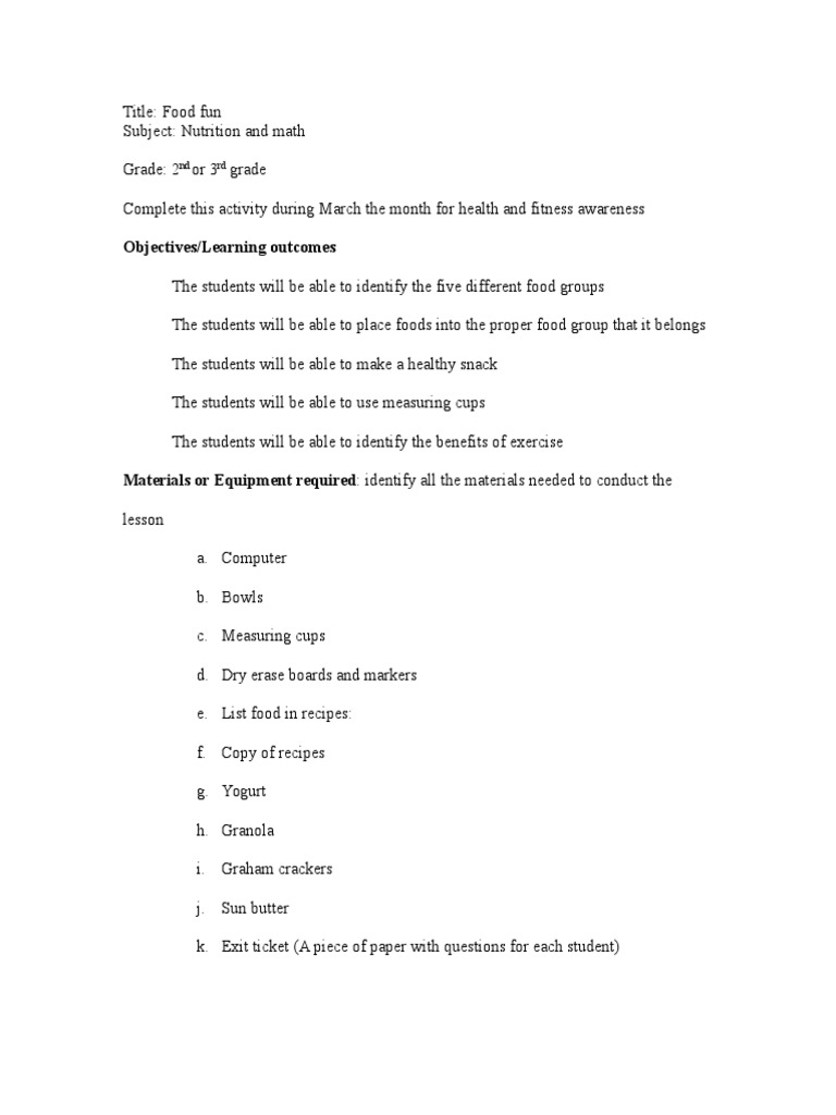 Nutrition Lesson Plan-1 | PDF | Healthy Diet | Foods