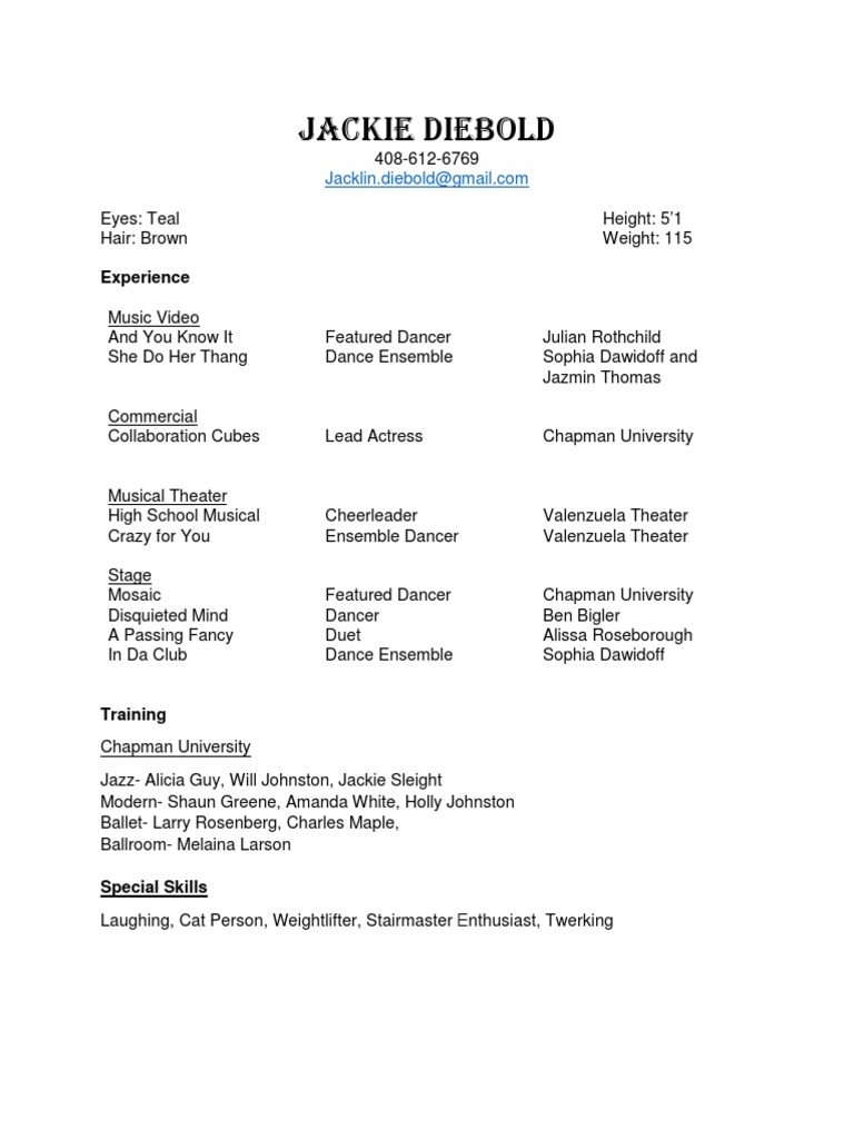 Jackie Diebold Dance Resume | PDF