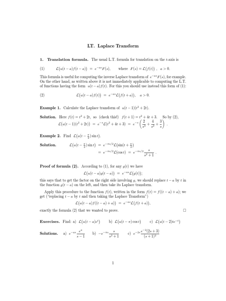 Translation Formula.: LT. Laplace Transform | PDF | Laplace Transform ...