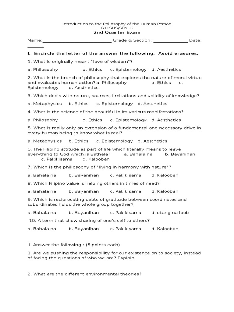1st Quarter Exam On Introduction To The Philosophy of The Human Person ...