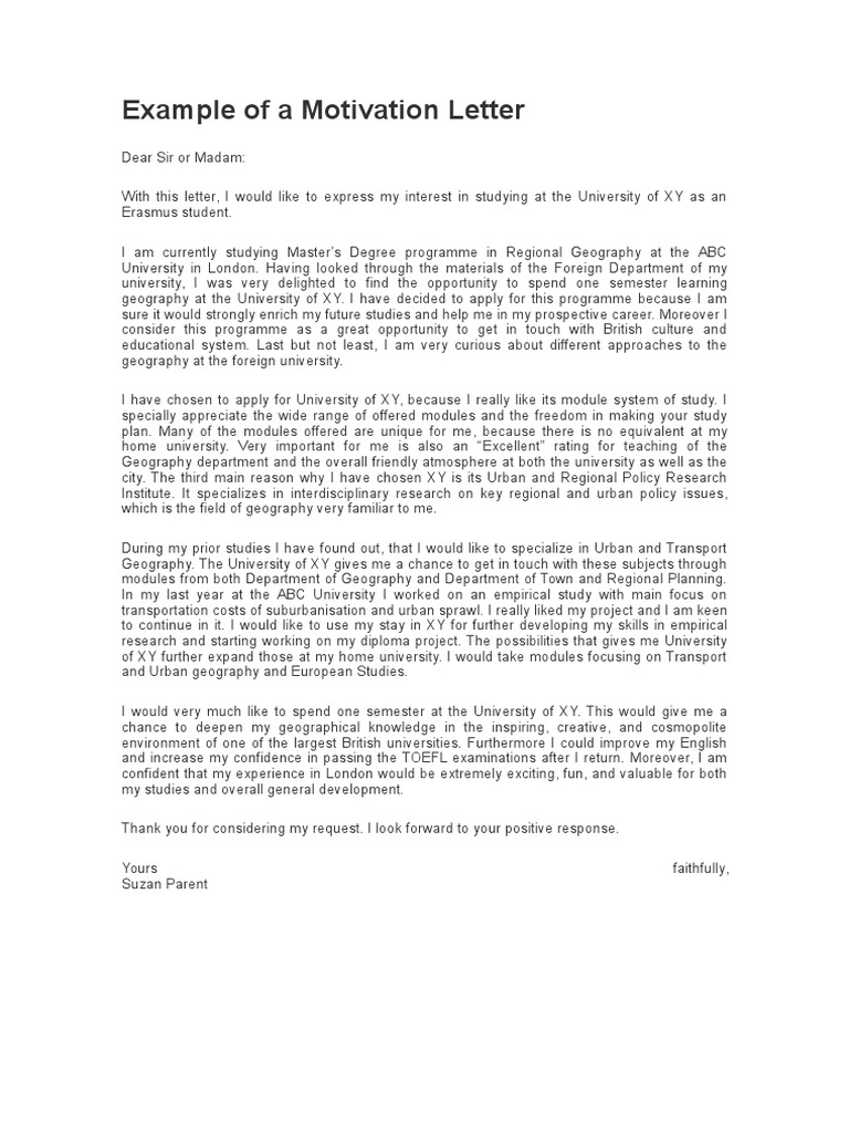 Erasmus Motivation Letter Example | PDF | Graduate School | University