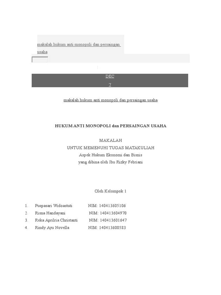 Makalah Hukum Anti Monopoli Dan Persaingan Usaha (Satu) | PDF