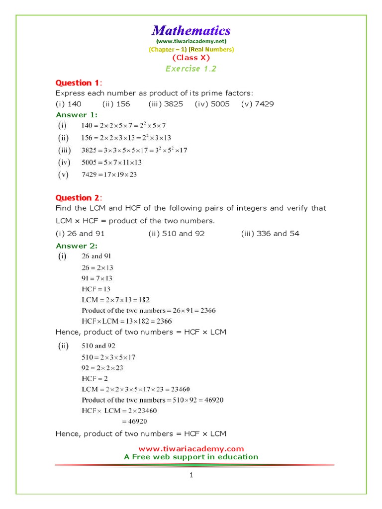 10 Maths NcertSolutions Chapter 1 2 | PDF | Factorization | Prime Number