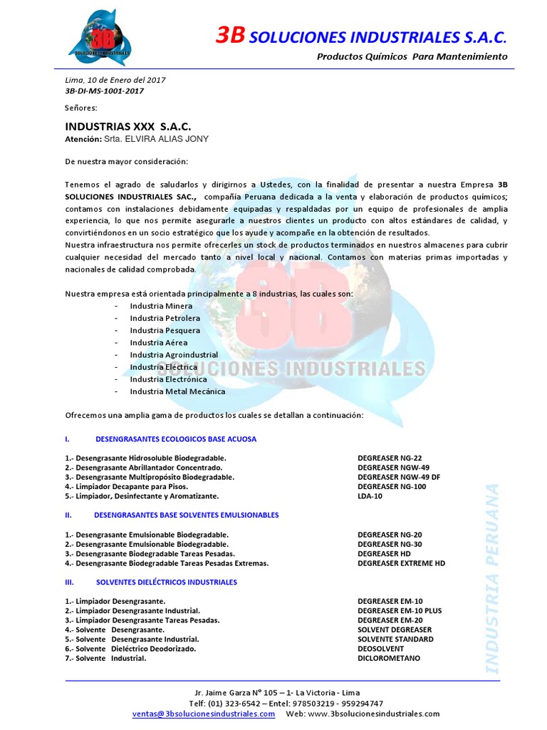 Carta de Presentación 3b Soluciones | PDF | Solvente | Calidad (comercial)