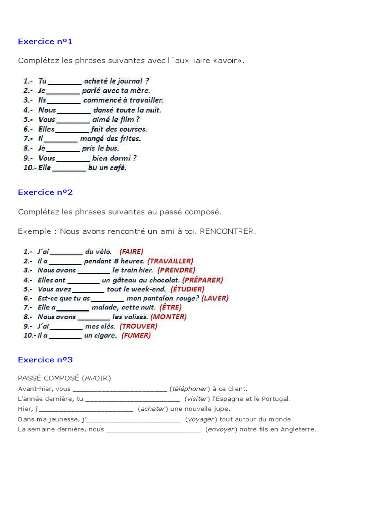 Exercices sur le passé composé avec avoir | PDF