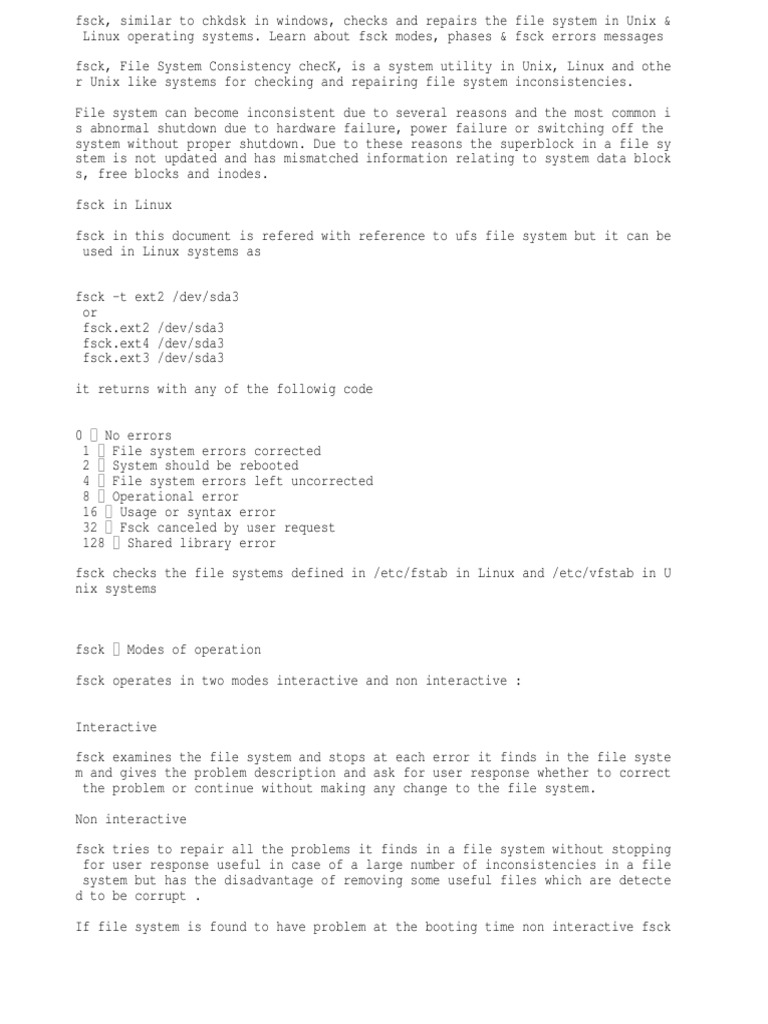 FSCK - Check & Repair Unix and Linux File Systems | PDF | File System ...