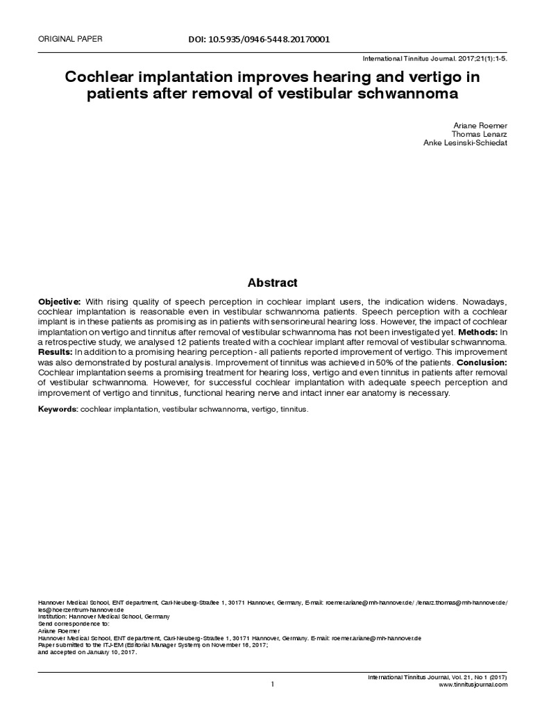 Cochlear Implantation Improves Hearing and Vertigo in Patients After ...
