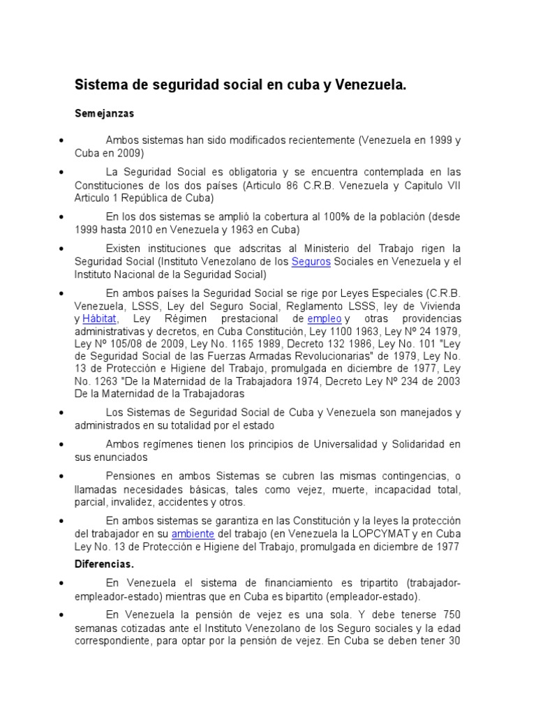 Sistema de Seguridad Social en Cuba y Venezuela | PDF | Pensión | Venezuela