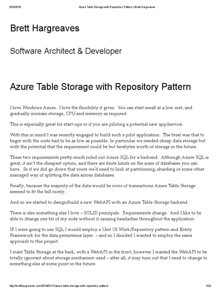Azure Table Storage With Repository Pattern Brett Hargreaves Pdf Databases Integer