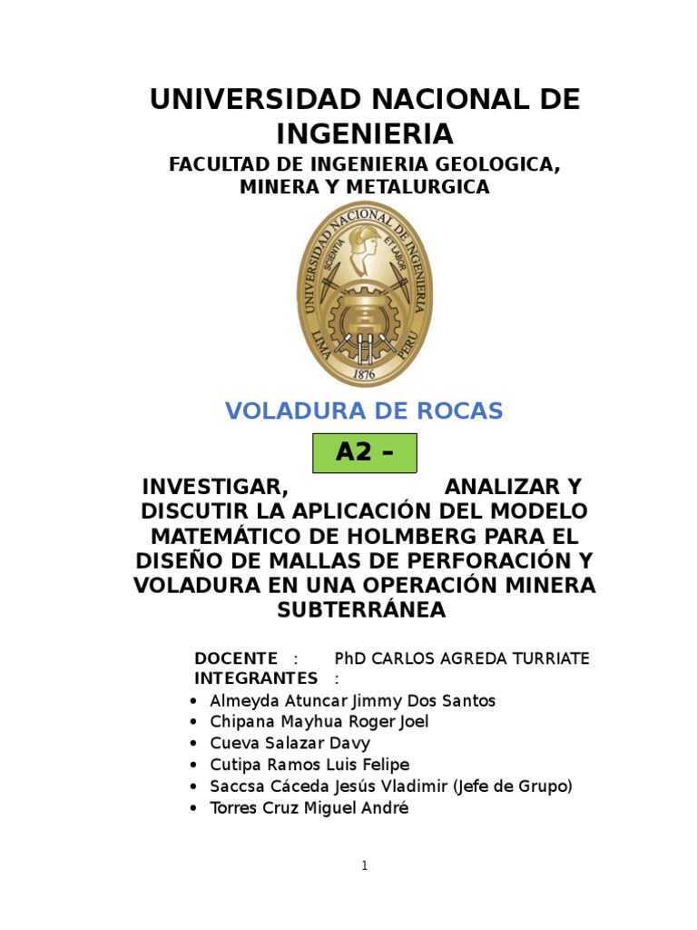 Modelo Matematico de Holmberg para El Diseño de Mallas | PDF | Perforar | Material explosivo