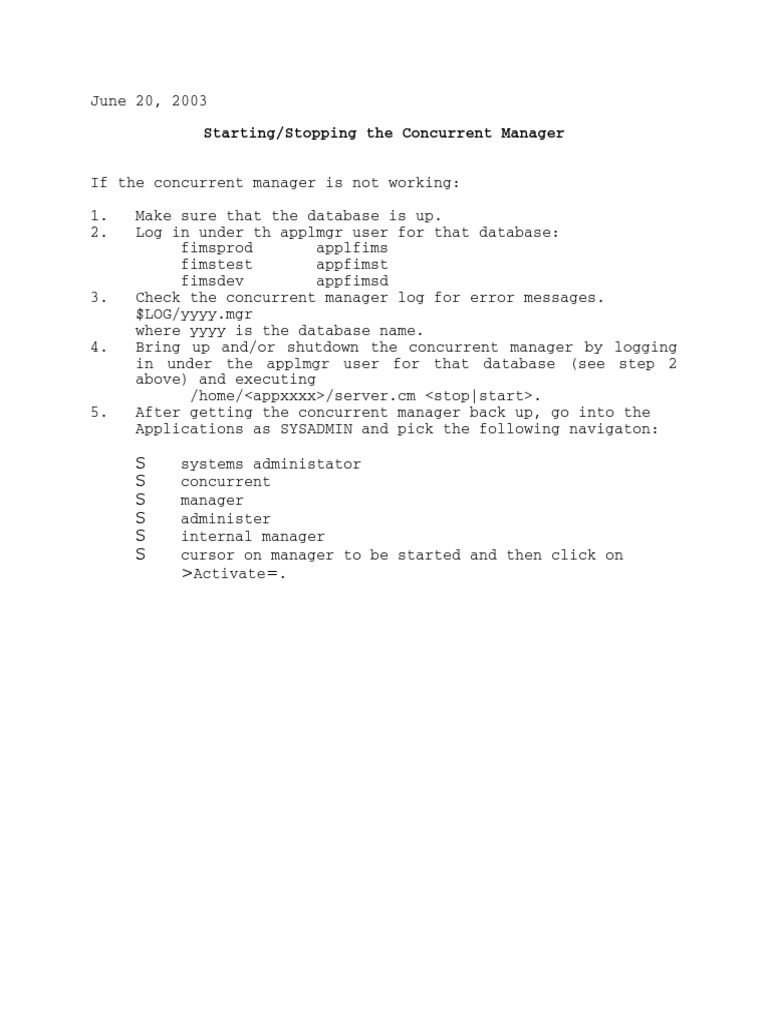 Starting/Stopping The Concurrent Manager: S S S S S S | PDF