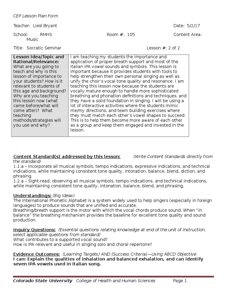 Ipa and Breathing Lesson Plan Educ 450 | PDF | Singing | Lesson Plan
