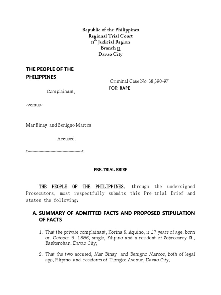 Docshare - Tips Pre Trial Brief Criminal Sample | PDF | Rape | Affidavit