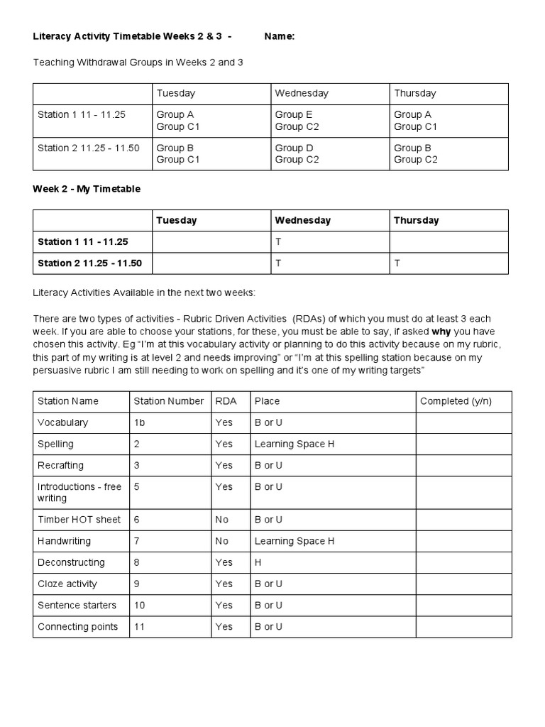 Literacy Activity Timetable Weeks 2 & 3 - Name | PDF | Language Arts ...