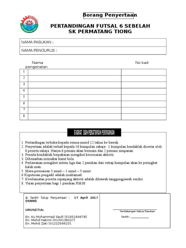 Borang Peserta Pertandingan Futsal | PDF