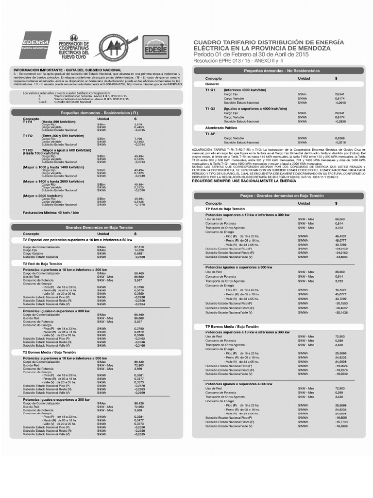 EDEMSA - Cuadro Tarifario | PDF