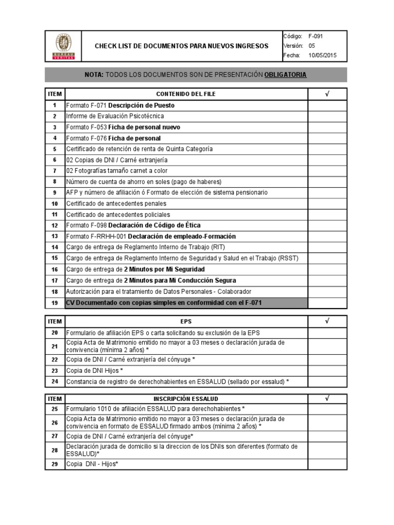 F-091 Checklist de Documentos para Nuevos Ingresos Ver.05 | PDF