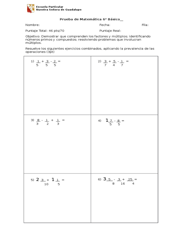 Prueba de Matemáticas 6° Básico | PDF | Fracción (Matemáticas ...