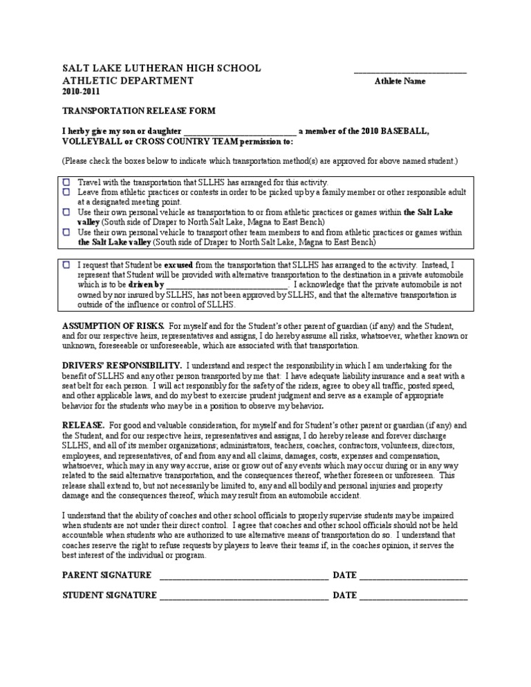 SLLHS Transportation Release Form | PDF | Virtue | Government