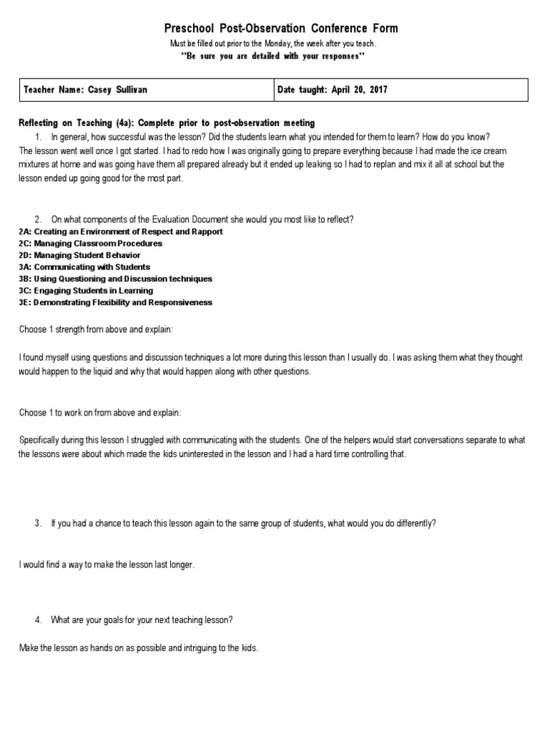 Preschool Post-Observation Conference Form | PDF | Teachers | Behavior ...