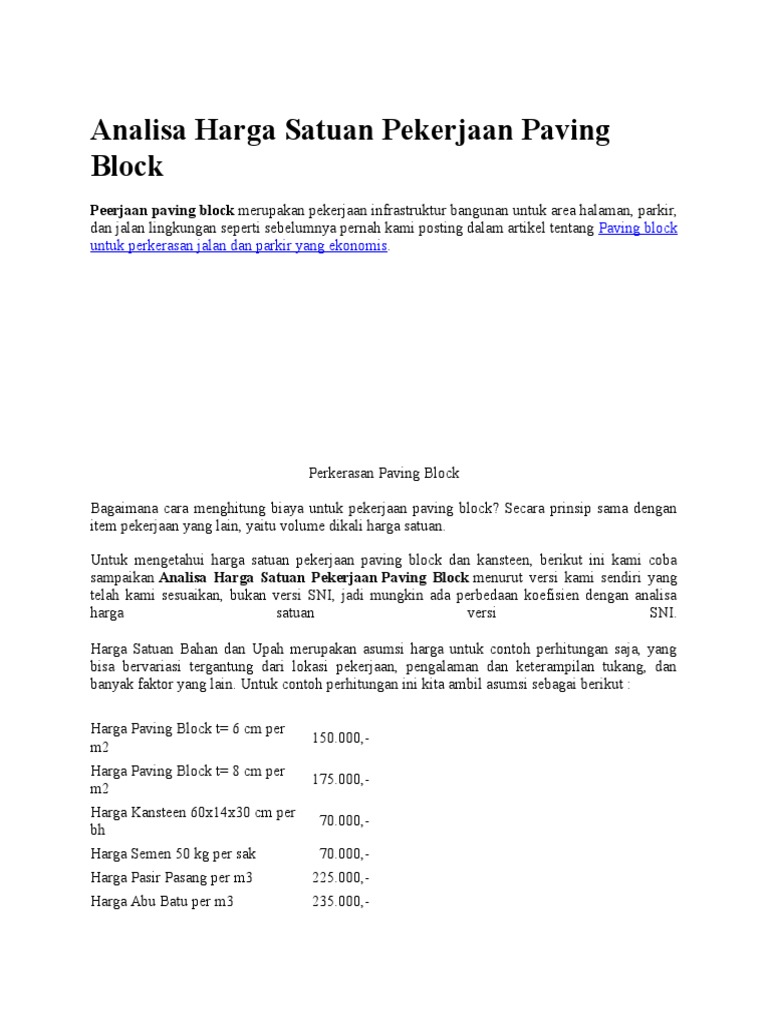 Analisa Harga Satuan Pekerjaan Paving Block | PDF
