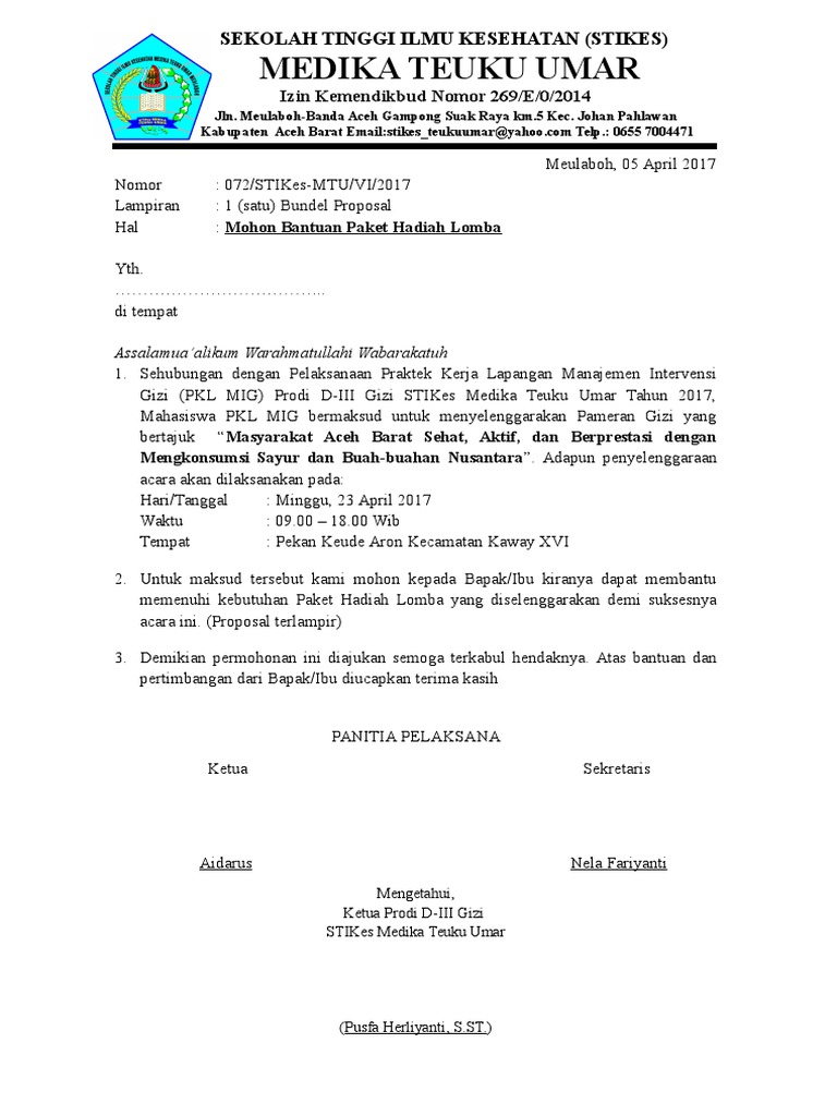 Surat Permohonan Bantuan Hadiah Lomba | PDF