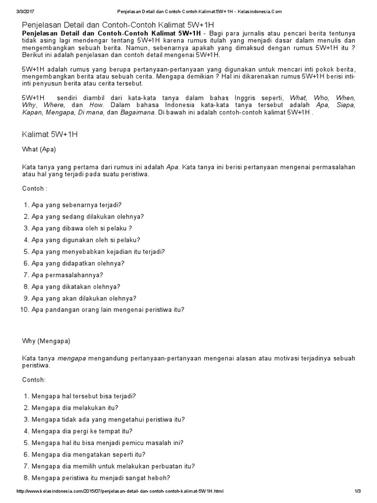 Penjelasan Detail Dan Contoh-Contoh Kalimat 5W+1H - Kelasindonesia | PDF