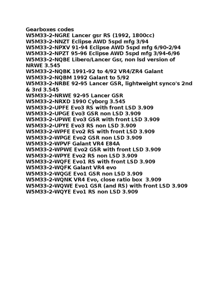 Mitsubishi Gearbox Codes and Ratios | PDF