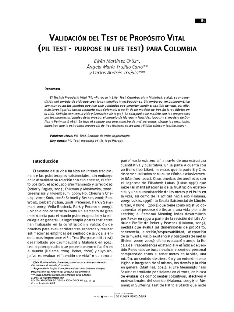 Validación Del Test de Propósito Vital Pil Test Purpose in Life Test ...