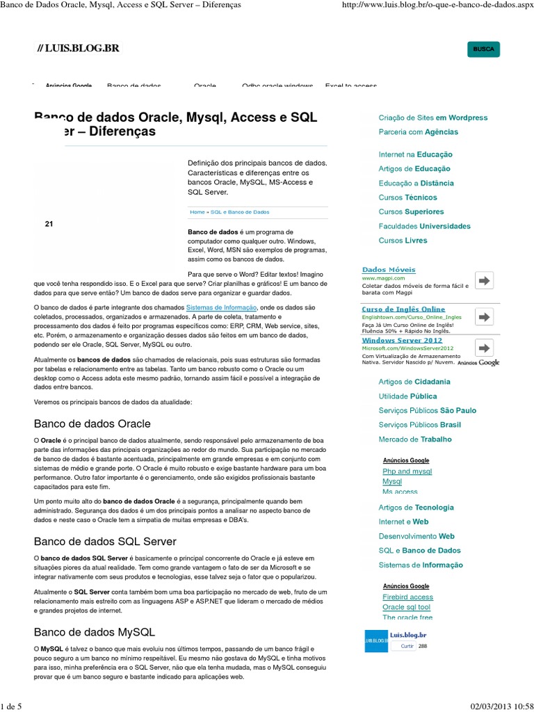 Banco de Dados Oracle, Mysql, Access e SQL Server - Diferenças | PDF ...
