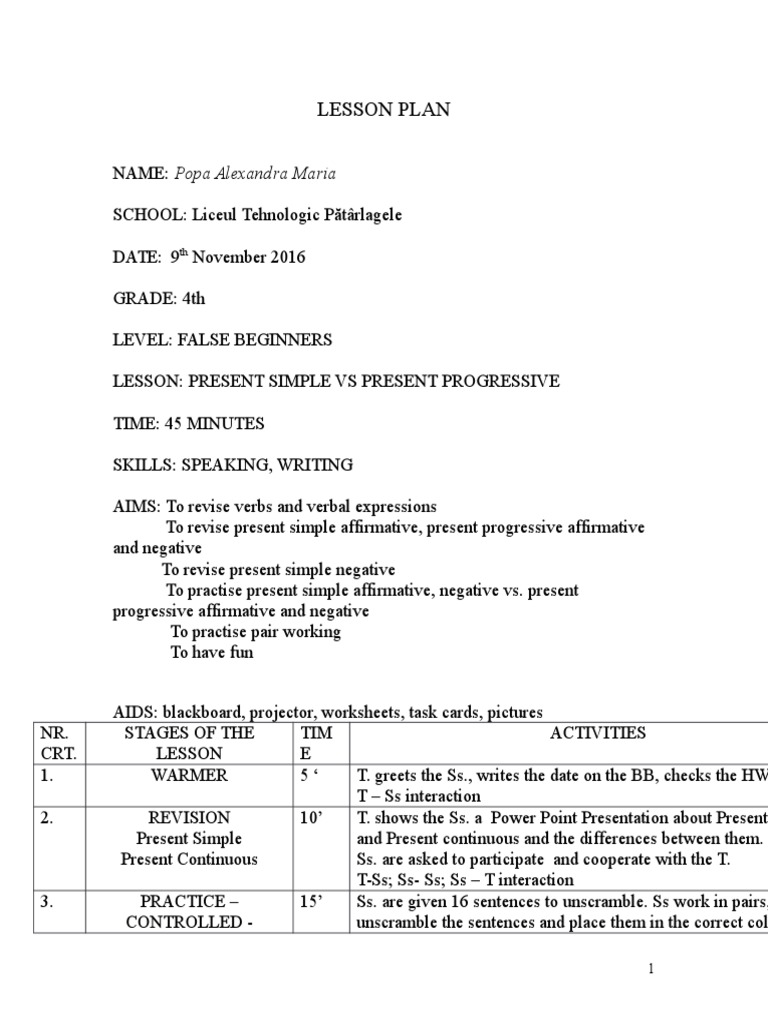Lesson Plan Present Simple vs Present Progressive(1) | Syntax | Linguistics
