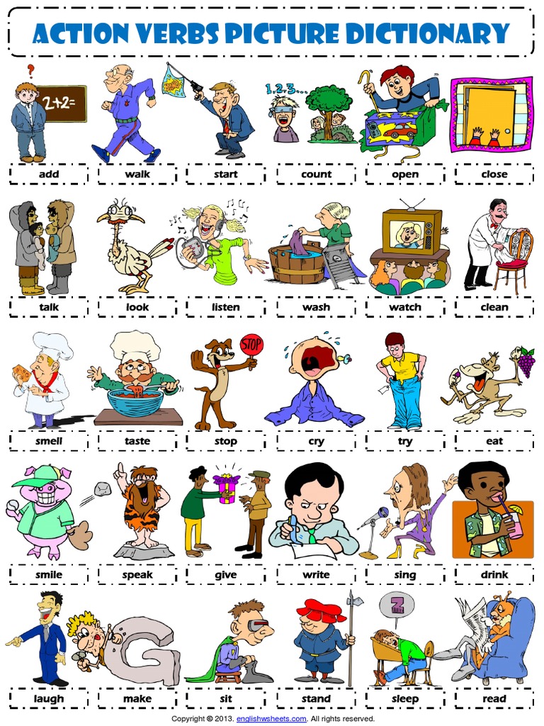 Action Verbs Esl Vocabulary Picture Dictionary Worksheet For Kids PDF | PDF