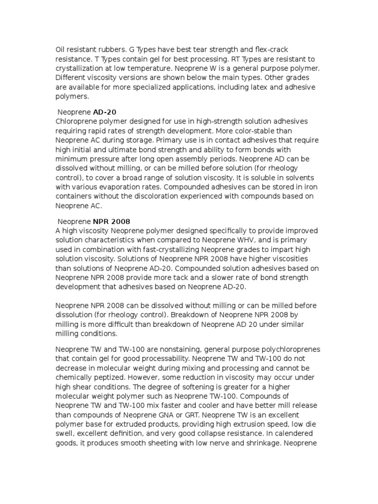 Neoprene Types | PDF | Polymers | Solution