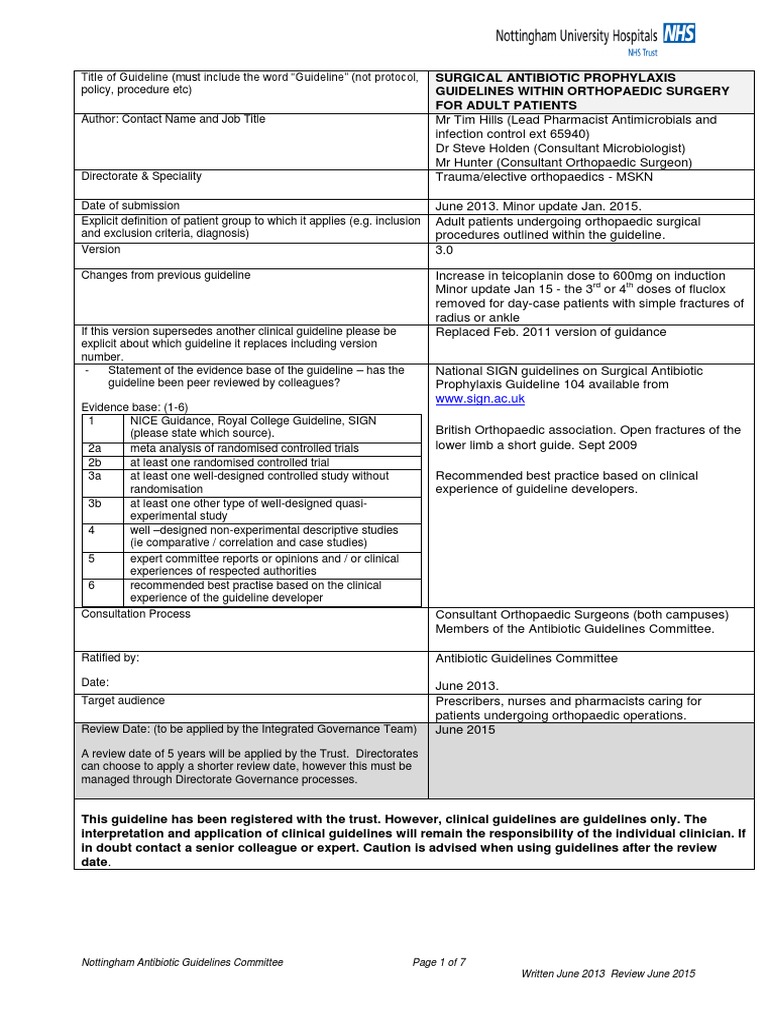 Surgical Antibiotic Prophylaxis - Orthopaedic Surgery in Adults | PDF ...