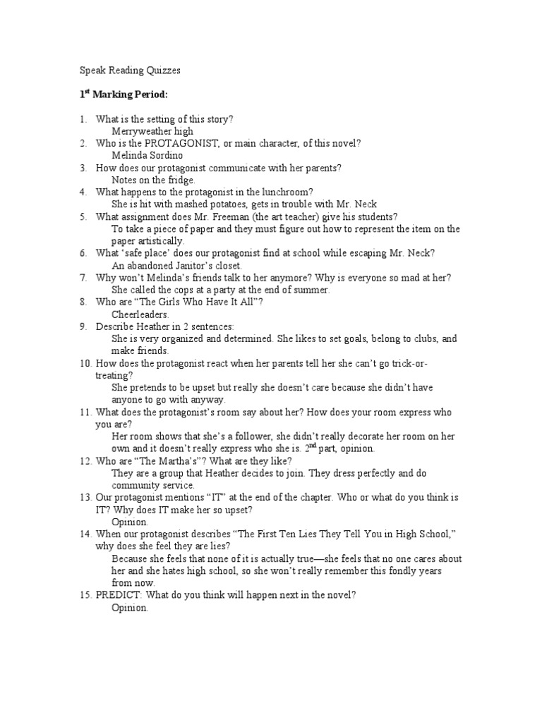 Speak Reading Quizzes | PDF